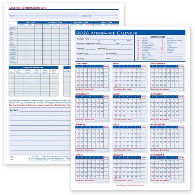 2026 Attendance Calendar Form (Pack) 25 Per Pack | Amsterdam Printing