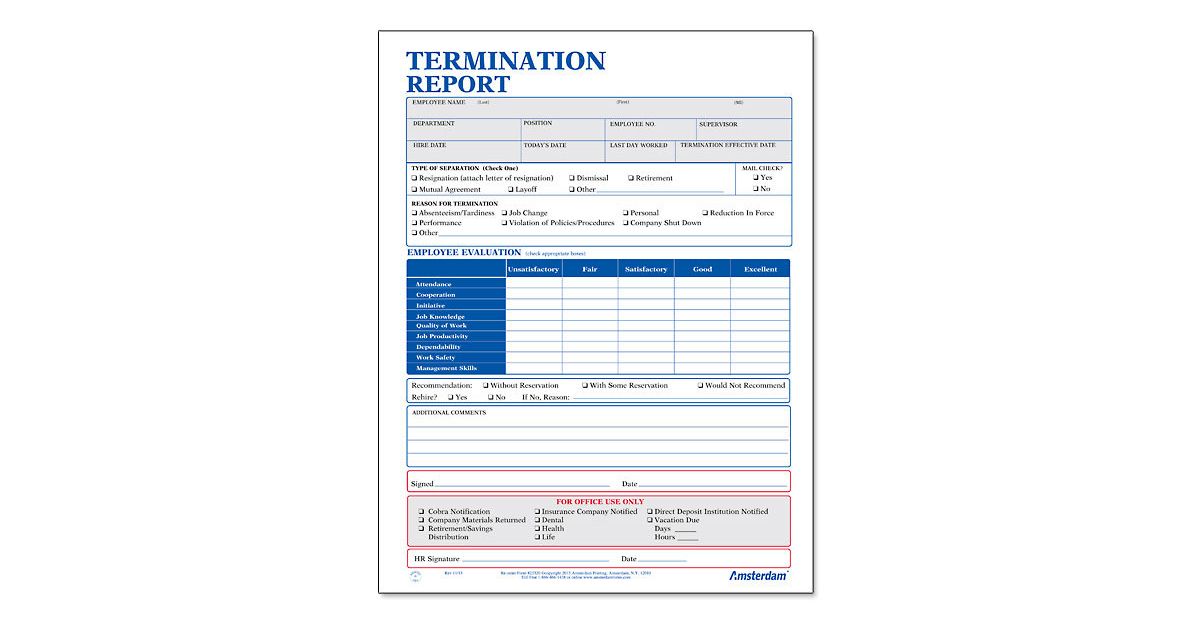 Termination Report (Packs) 50 Per Pack | Amsterdam Printing