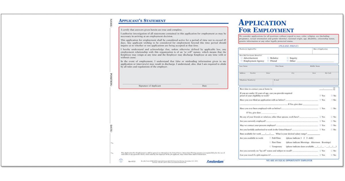Employment Application (Packs) 50 Per Pack | Amsterdam Printing