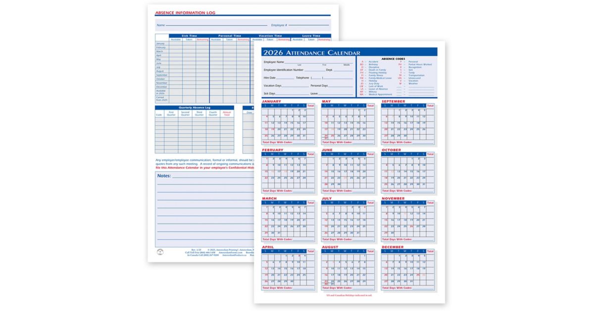 2026 Attendance Calendar Form (Pack) 25 Per Pack | Amsterdam Printing