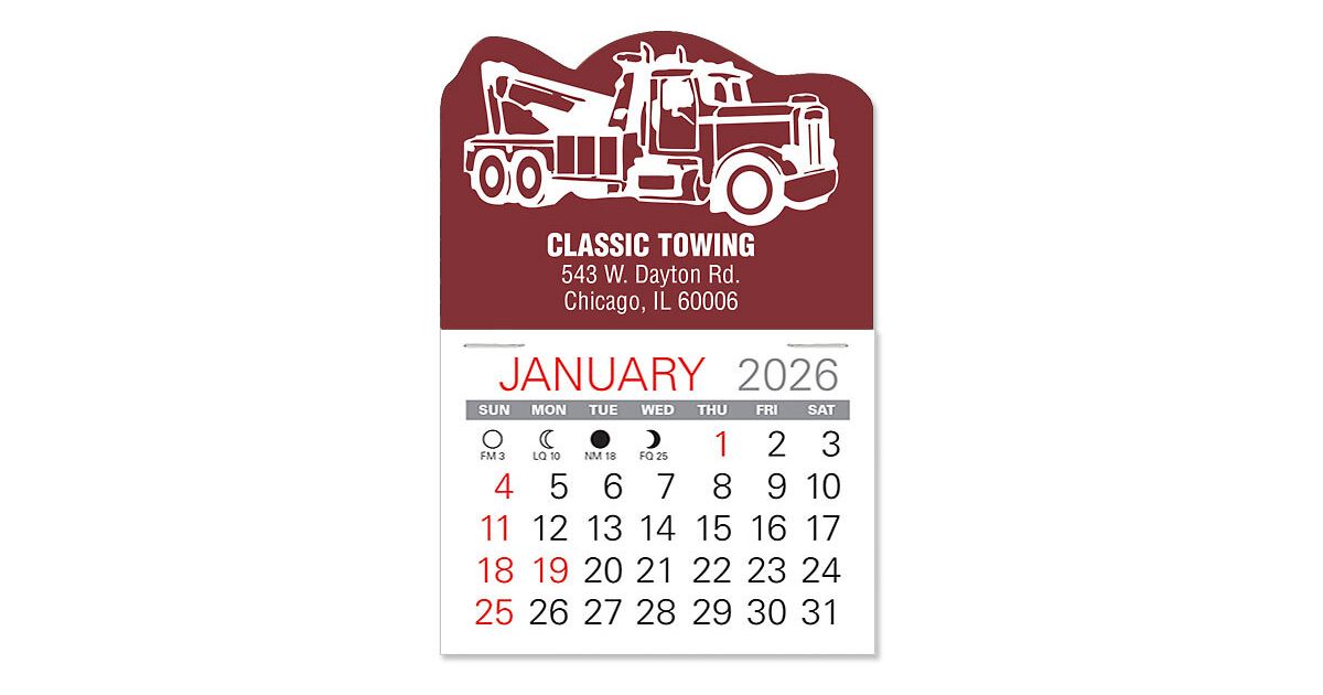 Wrecker Tow Truck Die-Cut Stick Up Calendar | Amsterdam Printing