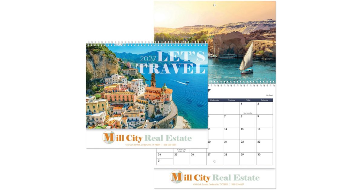 Full Color Let's Travel Spiral Wall Calendar | Amsterdam Printing