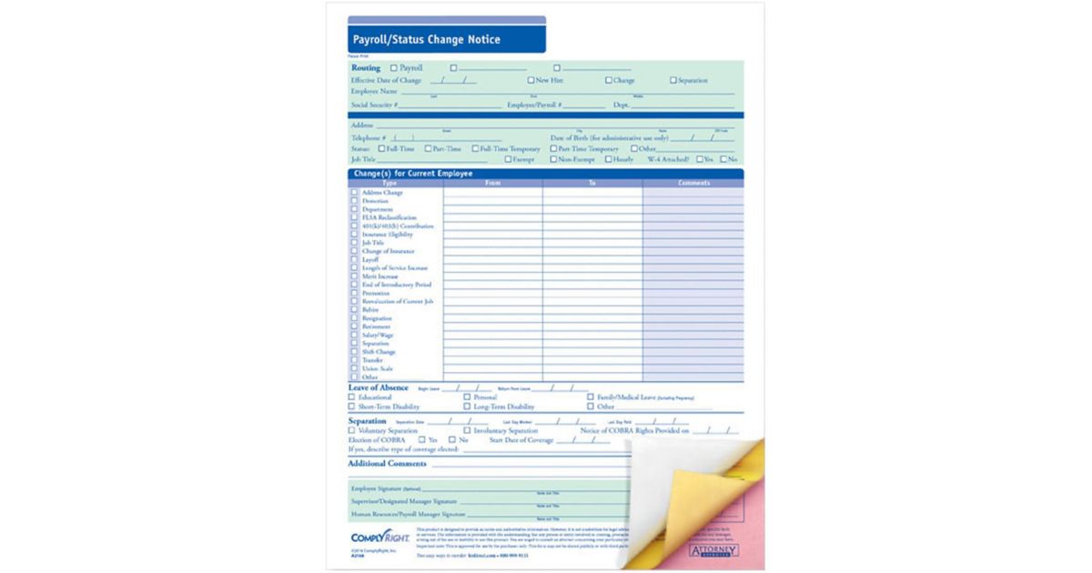 Payroll Status Change Form-3 Part 50 Per Pack | Amsterdam Printing